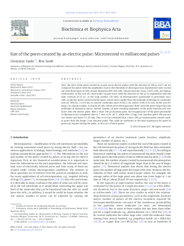 (PDF) Size of the pores created by an electric pulse: Microsecond vs ...