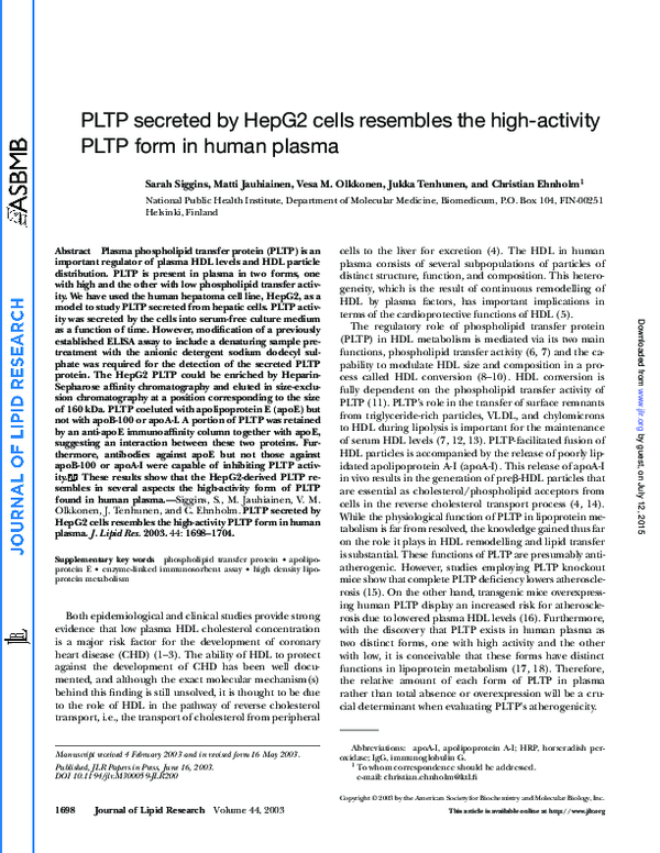 (PDF) PLTP secreted by HepG2 cells resembles the high-activity PLTP ...