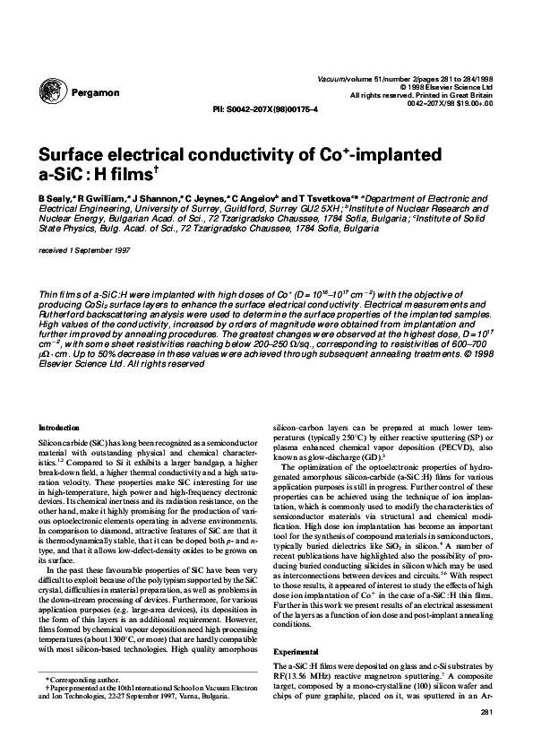 (PDF) Surface electrical conductivity of Co+-implanted a-SiC : H films