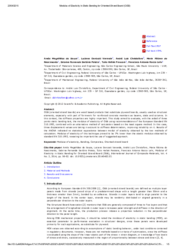 Pdf Modulus Of Elasticity In Static Bending For Oriented Strand Board
