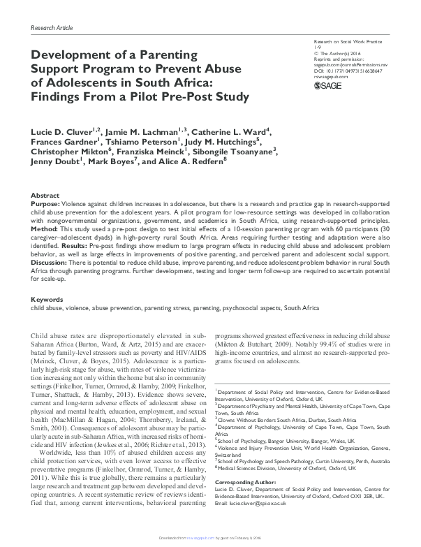 (PDF) Developing a parenting programme to prevent child abuse in South ...
