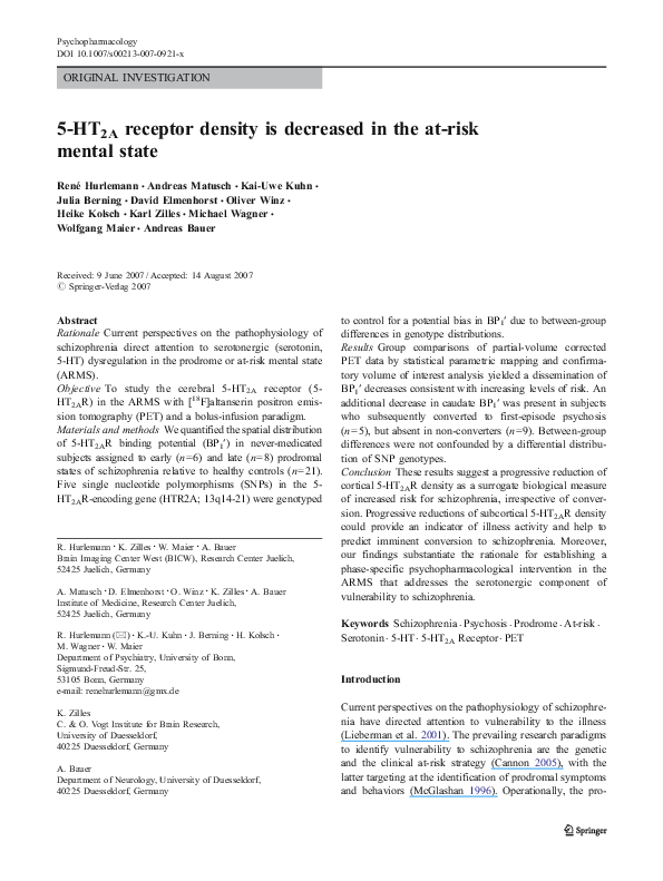 (PDF) 5-HT2A receptor density is decreased in the at-risk mental state
