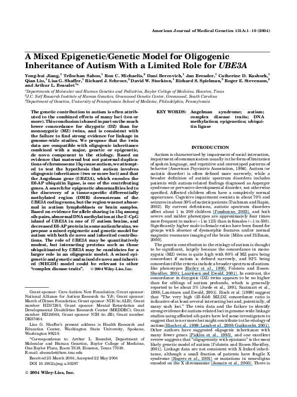 (PDF) A mixed epigenetic/genetic model for oligogenic inheritance of autism with a limited role ...