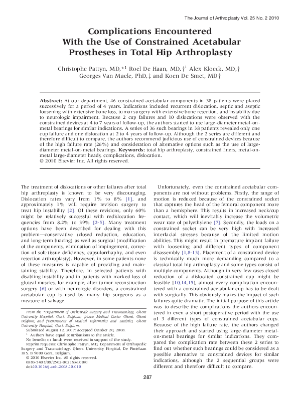 (PDF) Complications Encountered With the Use of Constrained Acetabular ...