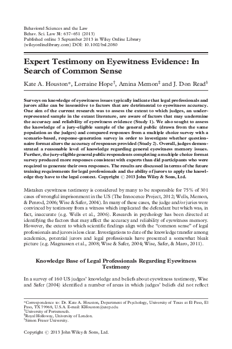 (PDF) Expert Testimony on Eyewitness Evidence: In Search of Common Sense