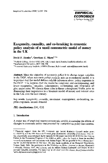 (PDF) Exogeneity, causality, and co-breaking in economic policy analysis of a small econometric ...