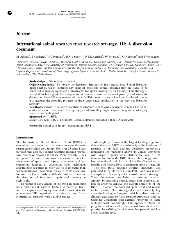 (PDF) International spinal research trust research strategy. III: A ...