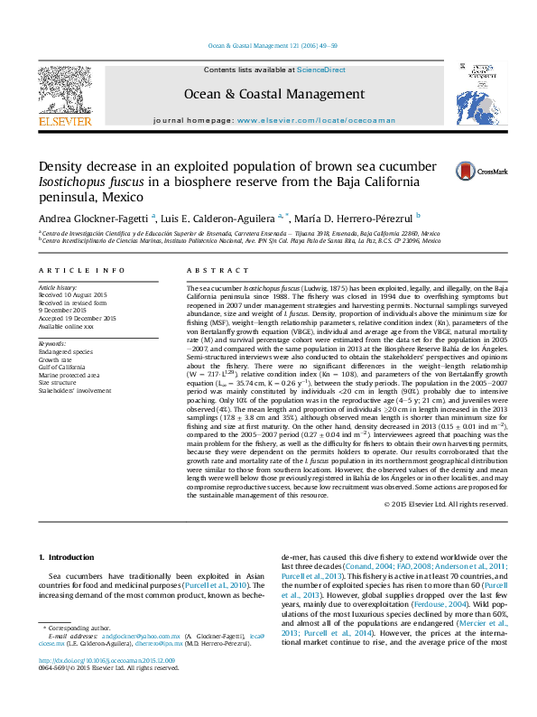 (PDF) Density decrease in an exploited population of brown sea cucumber ...