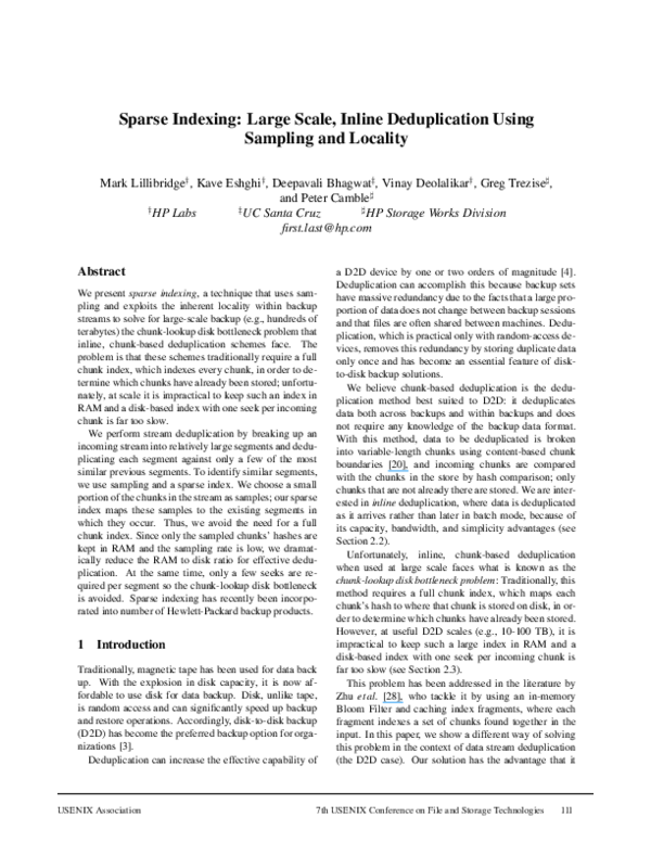 Pdf Sparse Indexing Large Scale Inline Deduplication Using Sampling And Locality