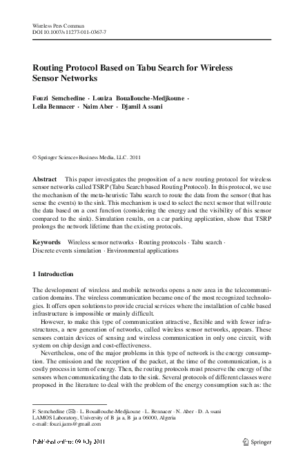 (PDF) Routing Protocol Based on Tabu Search for Wireless Sensor Networks