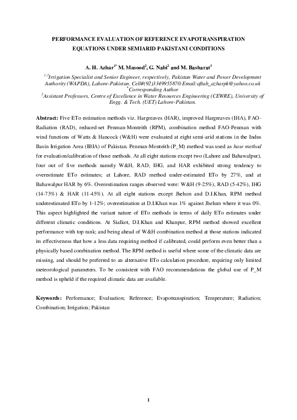 (PDF) Performance Evaluation of Reference Evapotranspiration Equations across a Range of Indian ...