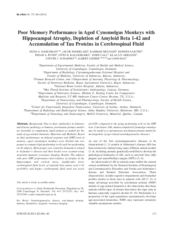 (PDF) Poor memory performance in aged cynomolgus monkeys with hippocampal atrophy, depletion of ...