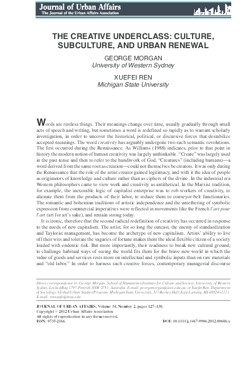 (PDF) THE CREATIVE UNDERCLASS: CULTURE, SUBCULTURE, AND URBAN RENEWAL