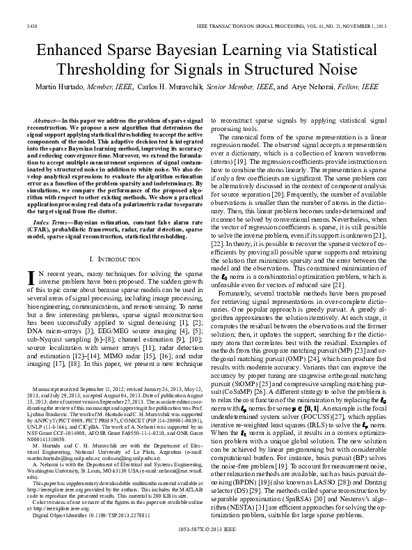 (PDF) Enhanced Sparse Bayesian Learning via Statistical Thresholding for Signals in Structured Noise