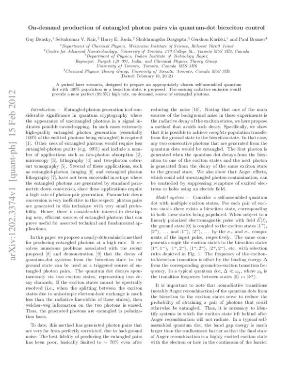 (PDF) On-demand production of entangled photon pairs via quantum-dot ...