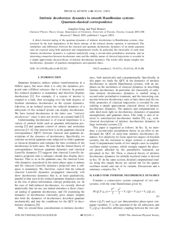 Pdf Intrinsic Decoherence Dynamics In Smooth Hamiltonian Systems Quantum Classical Correspondence