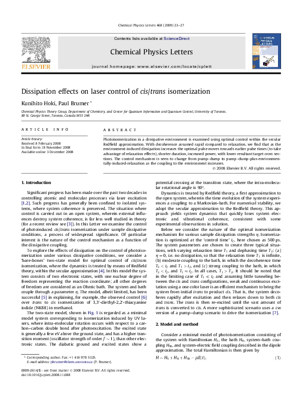 (PDF) Dissipation effects on laser control of cis/trans isomerization