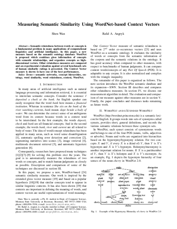 Pdf Measuring Semantic Similarity Using Wordnet Based Context Vectors
