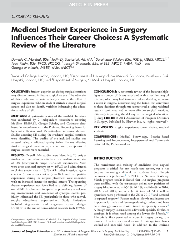 (PDF) Medical Student Experience in Surgery Influences Their Career ...