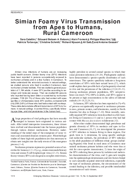 (PDF) Simian foamy virus transmission from apes to humans, rural Cameroon