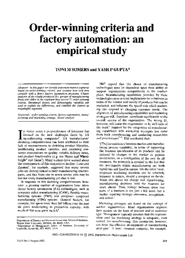 (PDF) Order-winning criteria and factory automation: an empirical study