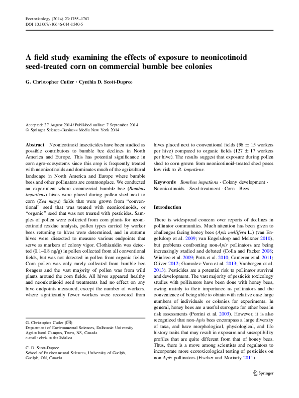 (PDF) A field study examining the effects of exposure to neonicotinoid ...