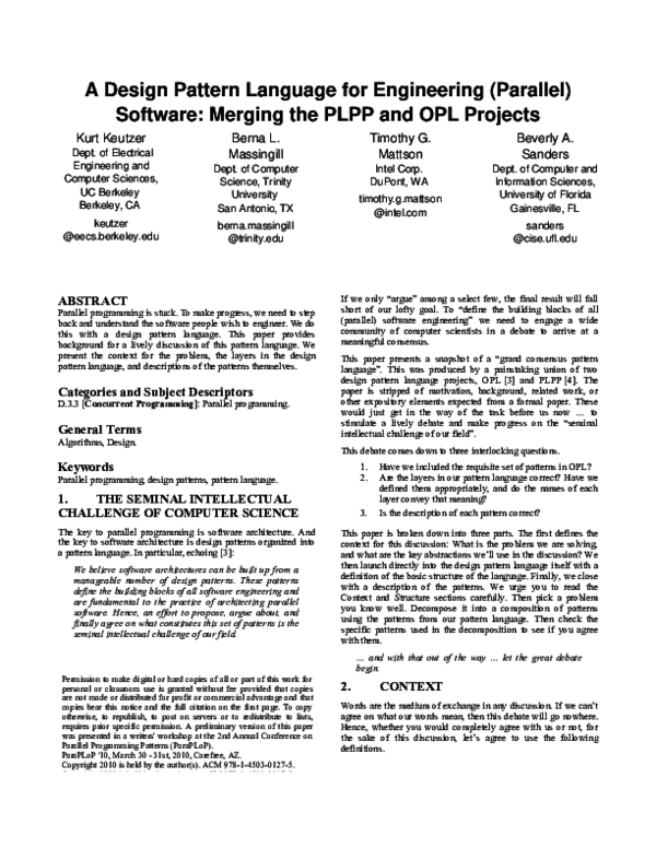 (PDF) A design pattern language for engineering (parallel) software