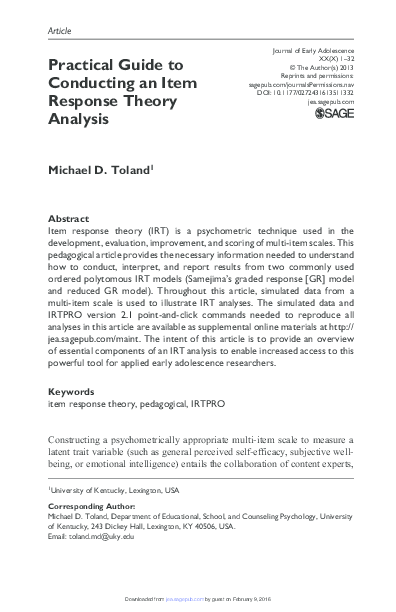 (PDF) Practical Guide to Conducting an Item Response Theory Analysis