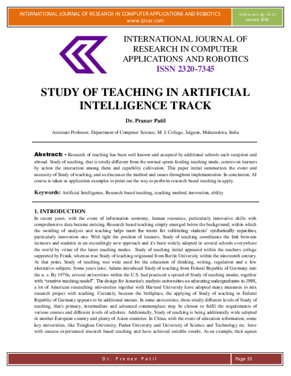 (PDF) STUDY OF TEACHING IN ARTIFICIAL INTELLIGENCE TRACK