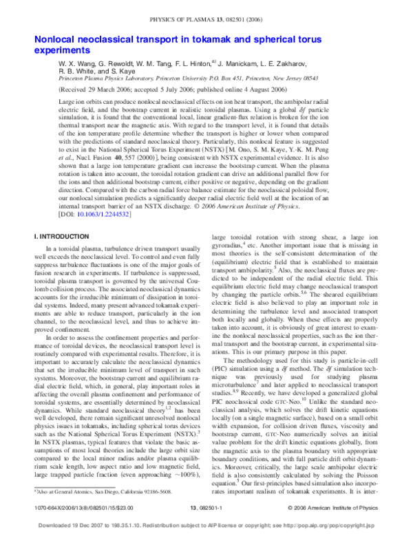 (PDF) Nonlocal neoclassical transport in tokamak and spherical torus ...
