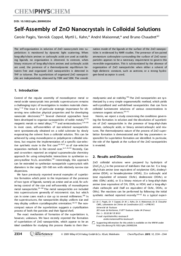 (PDF) Self-Assembly of ZnO Nanocrystals in Colloidal Solutions