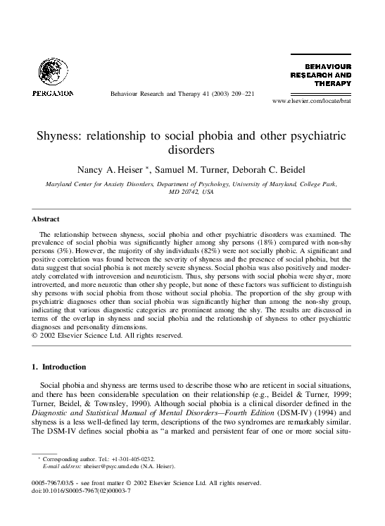 (PDF) Shyness: relationship to social phobia and other psychiatric ...