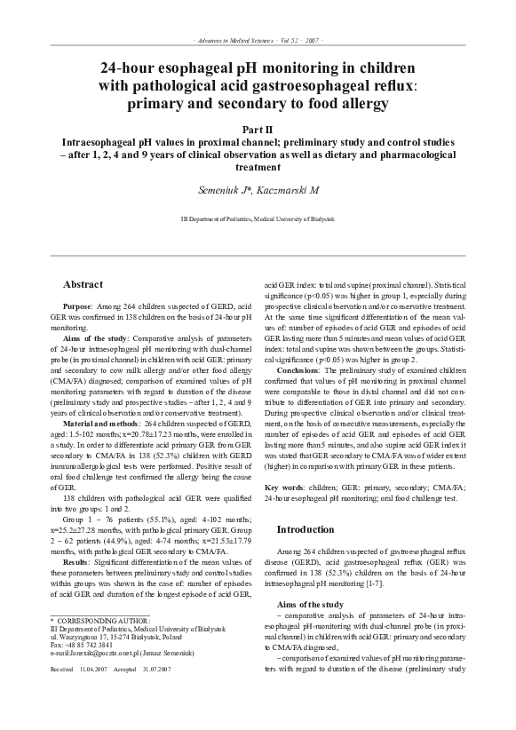 (PDF) 24-hour esophageal pH monitoring in children with pathological ...