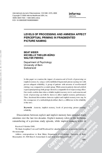 (PDF) Levels of processing and amnesia affect perceptual priming in fragmented picture naming