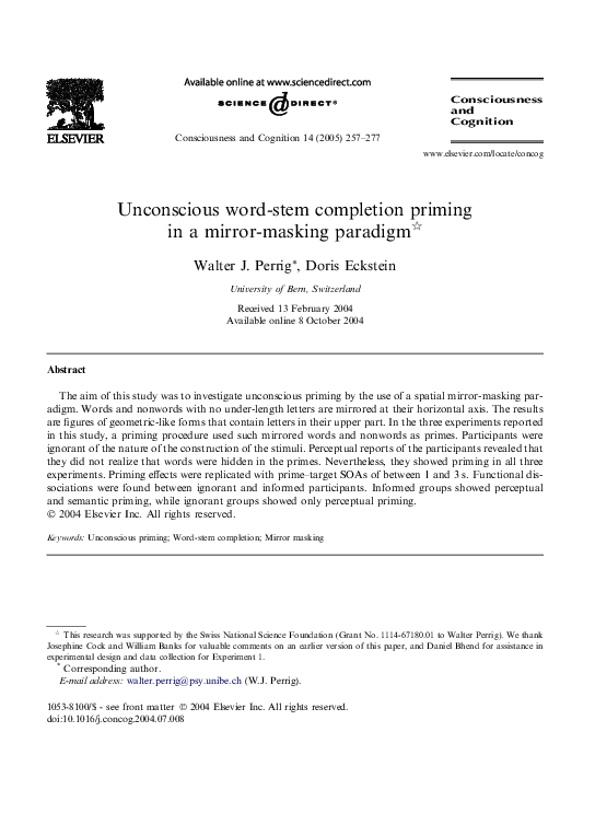 (PDF) Unconscious word-stem completion priming in a mirror-masking paradigm