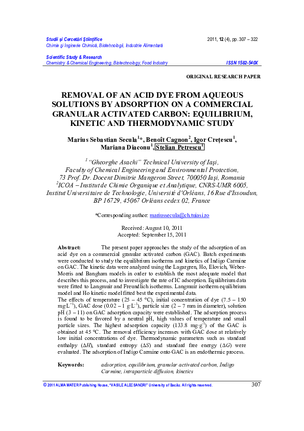 (PDF) Removal of an acid dye from aqueous solutions by adsorption on a commercial granular ...