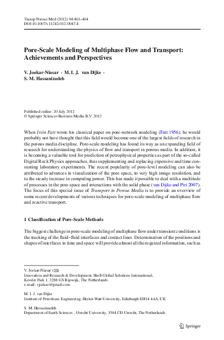 Pdf Pore Scale Modeling Of Multiphase Flow And Transport