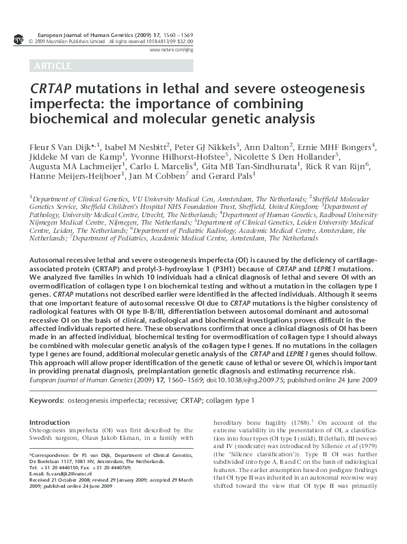 (PDF) CRTAP mutations in lethal and severe osteogenesis imperfecta: the ...
