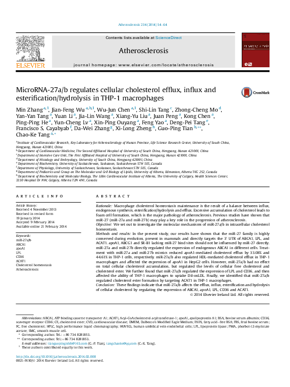 Pdf Microrna 27a B Regulates Cellular Cholesterol Efflux Influx And