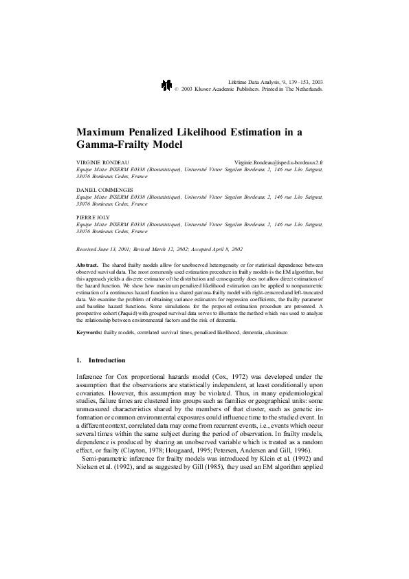 Pdf Maximum Penalized Likelihood Estimation In A Gamma Frailty Model