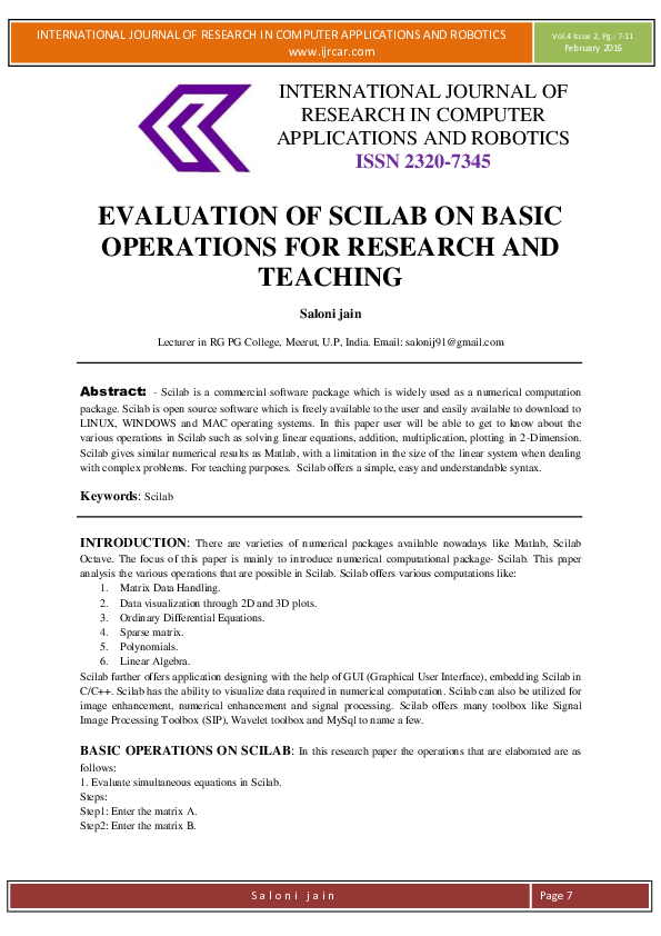 (PDF) EVALUATION OF SCILAB ON BASIC OPERATIONS FOR RESEARCH AND TEACHING