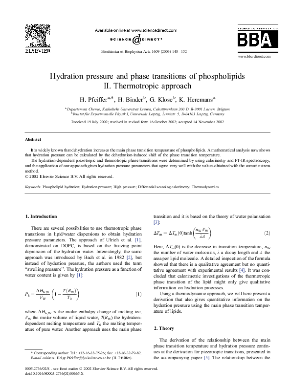 (PDF) Hydration pressure and phase transitions of phospholipids