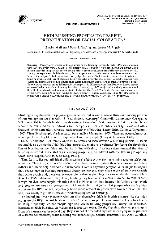 (PDF) High blushing propensity: fearful preoccupation or facial coloration?