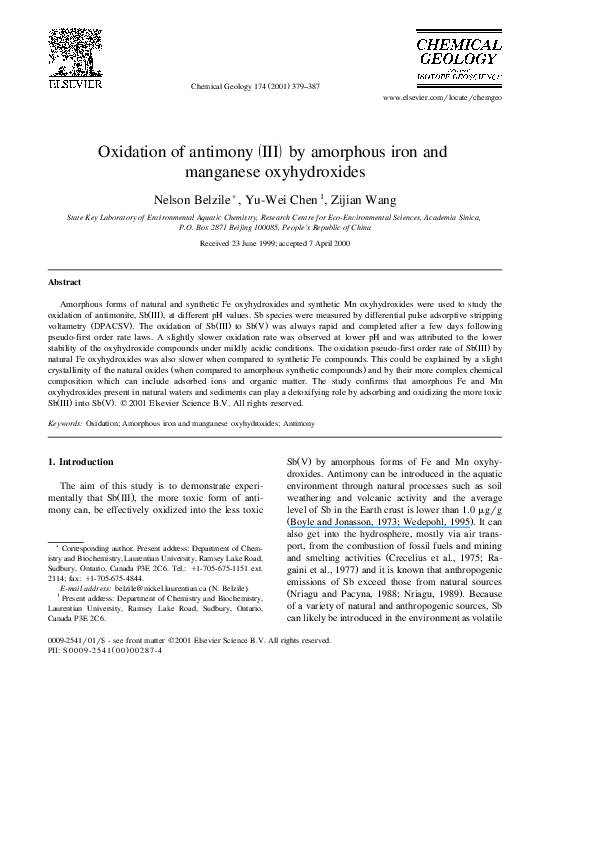 (PDF) Oxidation of antimony (III) by amorphous iron and manganese ...