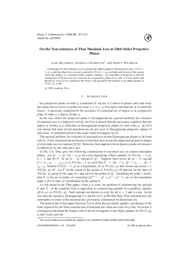 (PDF) On the Non-existence of Thas Maximal Arcs in Odd Order Projective Planes