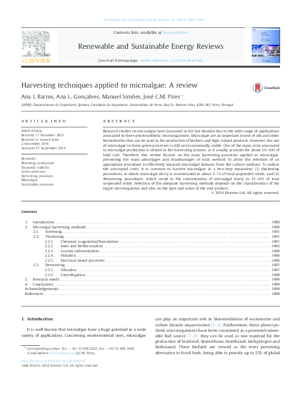 (PDF) Harvesting techniques applied to microalgae: A review