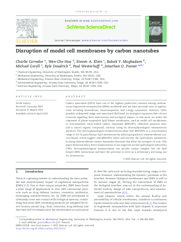 (PDF) Disruption of model cell membranes by carbon nanotubes