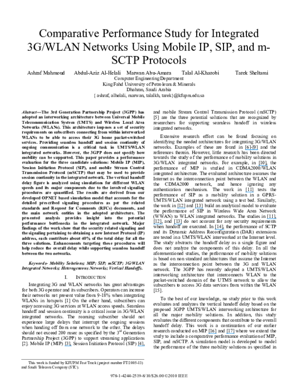 (PDF) Comparative Performance Study for Integrated 3G/WLAN Networks Using Mobile IP, SIP, and m ...
