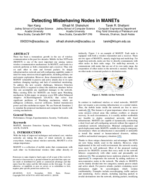 Pdf Detecting Misbehaving Nodes In Manets Tarek Sheltami