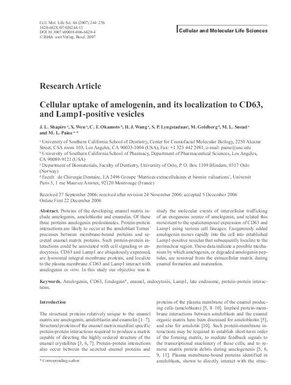 (PDF) Cellular uptake of amelogenin, and its localization to CD63, and ...